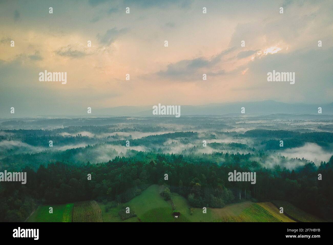 Aerial drone view of White carniola (Bela krajina) region in Slovenia ...
