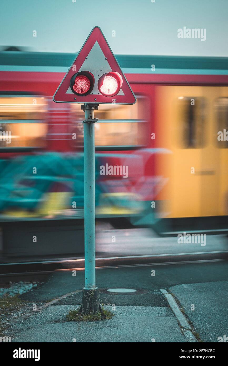 Train grade crossing with blinking or flashing lights while train is ...