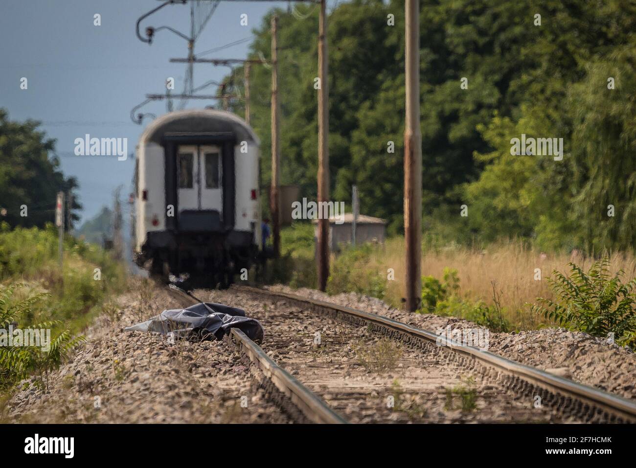 Stopped train due to person making a suicide. Corpse of a dead person ...