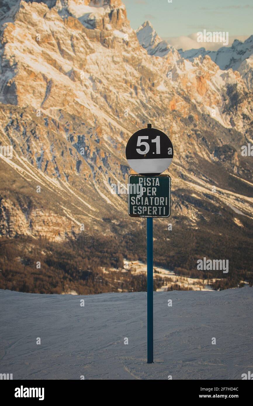 Round warning sign for a black slope on ski area. Sign for dangerous ...