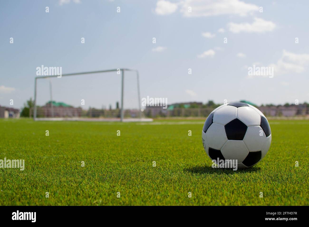 soccer ball on a green lawn on the background of the stadium Stock ...