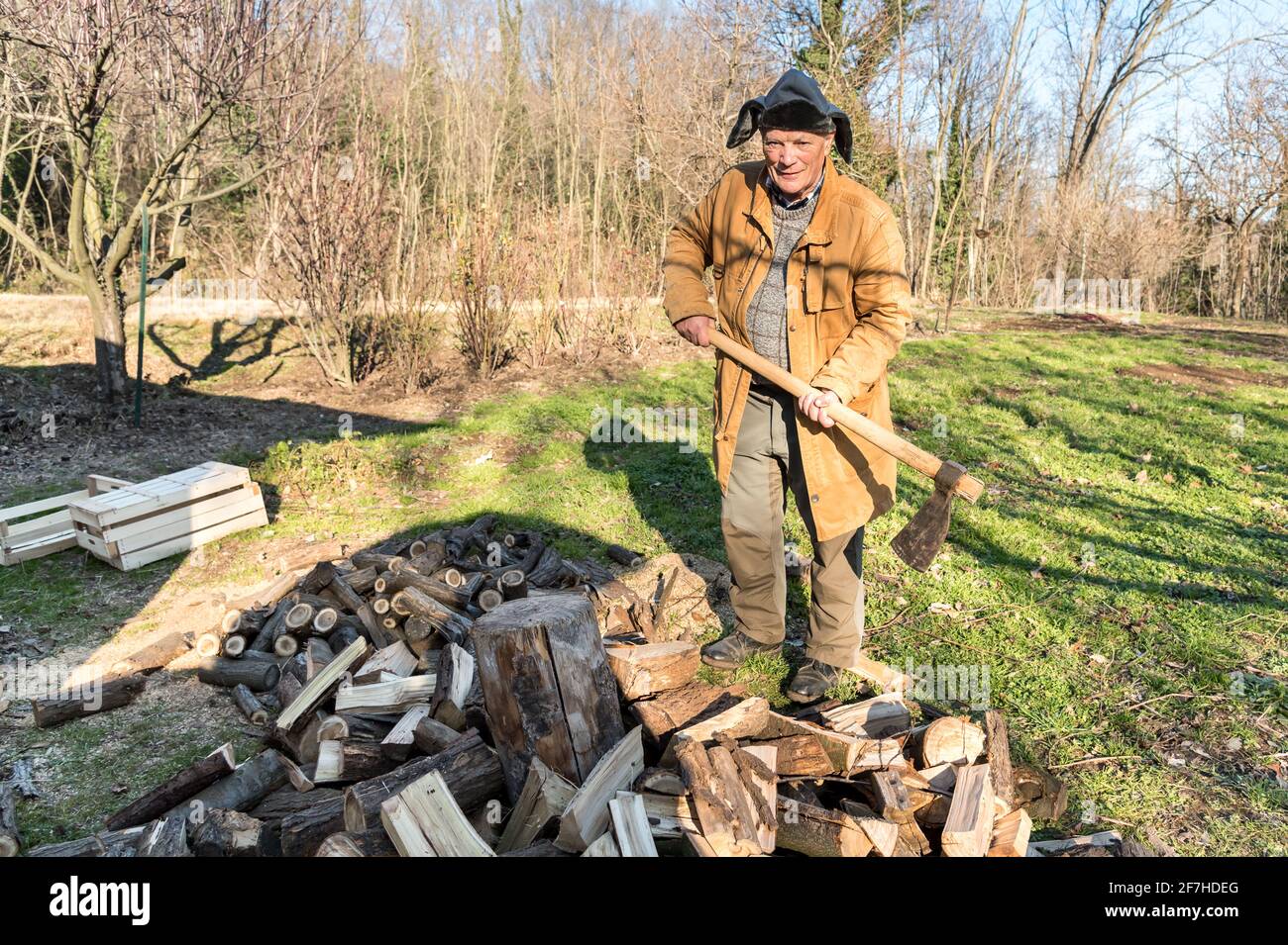 Elderly man splitting wood with ax in the garden Stock Photo - Alamy