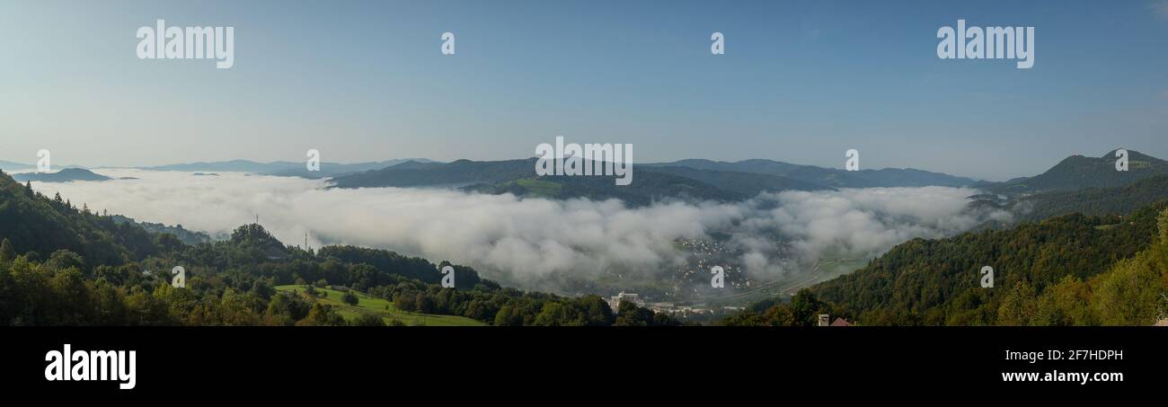 Panorama of Sava river valley at Kresnice village, viewed from a high ...