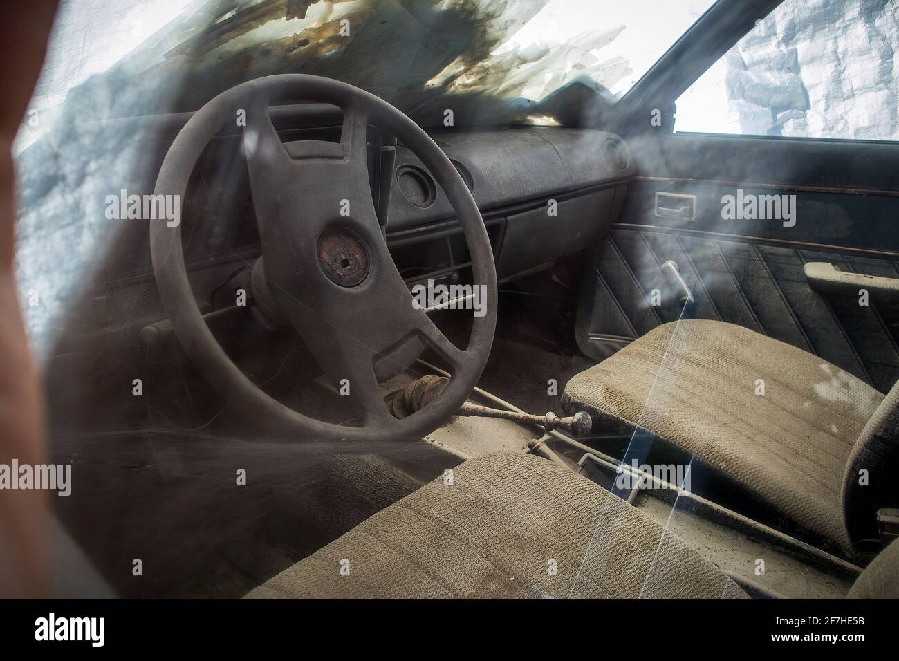 Interior of a deserted or forgotten vintage old timer car sitting in ...