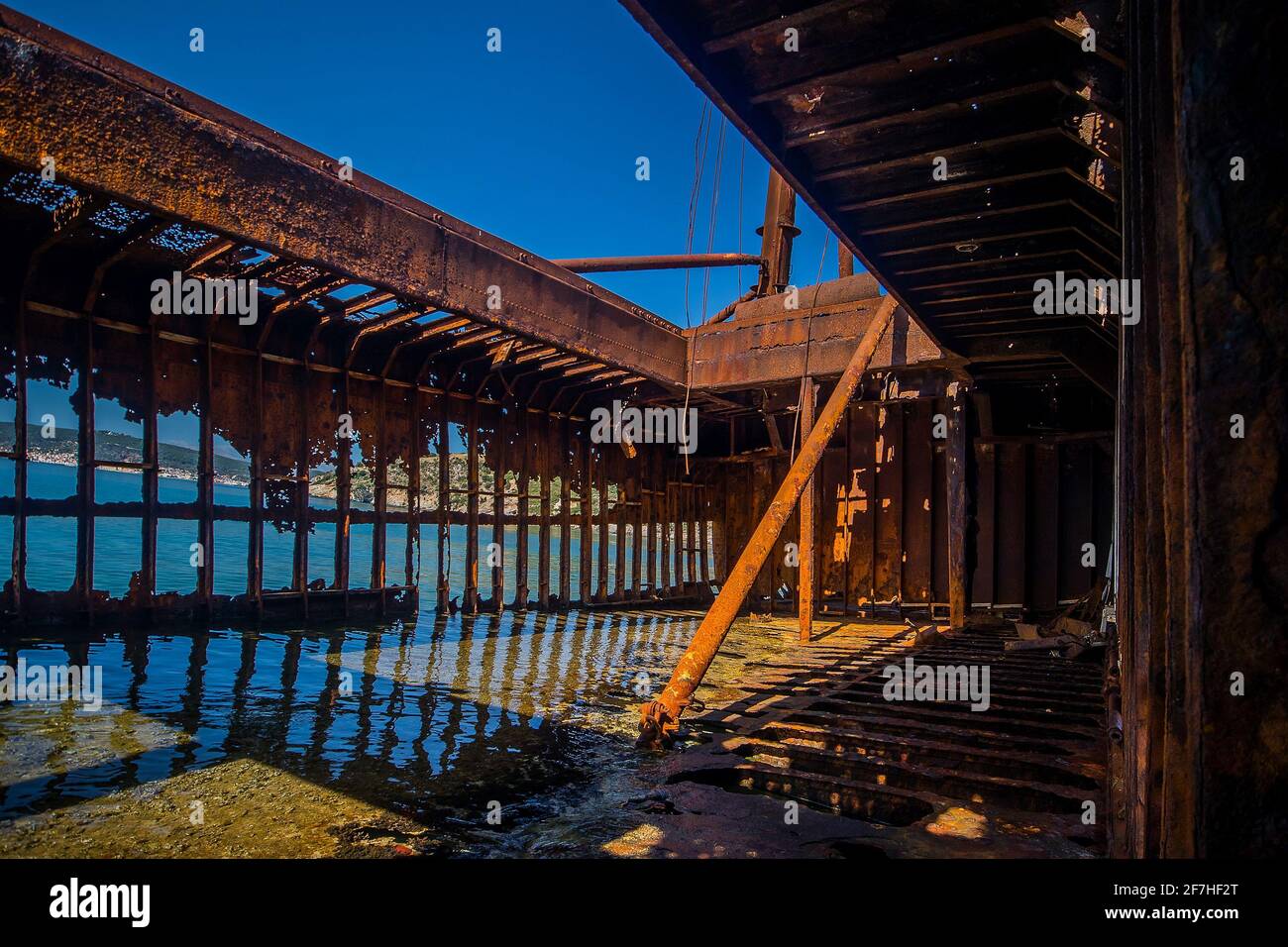 Interior of Dimitrios shipwreck in Gythio, Greece. A partially sunk ...