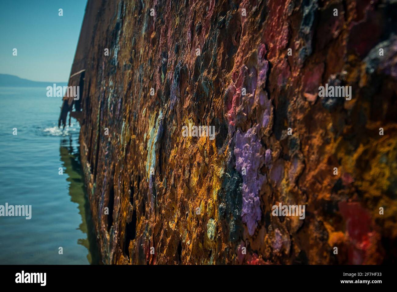 Rough rusty metal surface or texture on a sunken ship or a metal plate ...