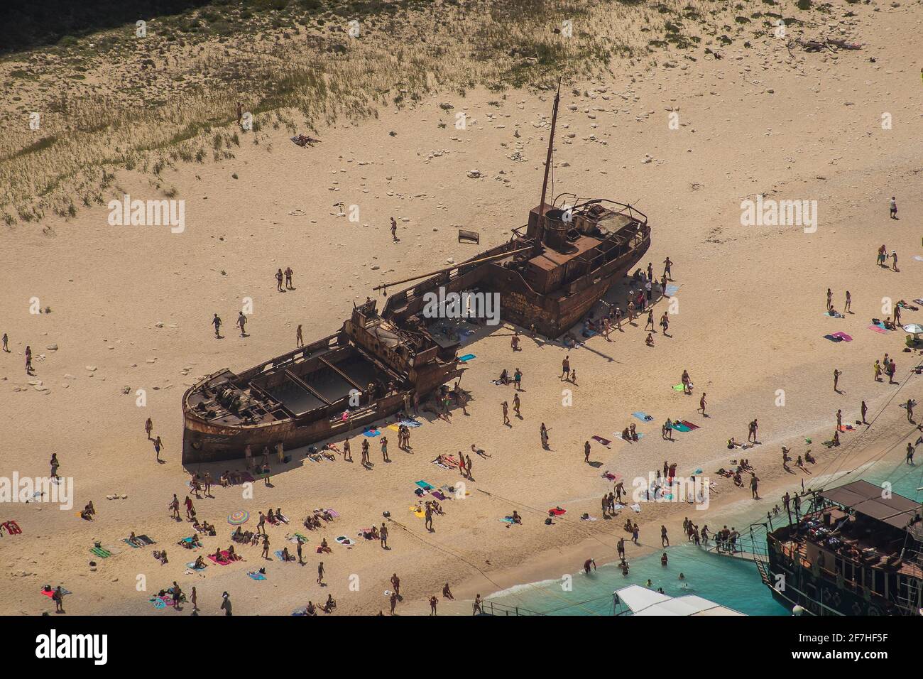 Close up of Ship Wreck beach at the Navagio beach. The most famous ...