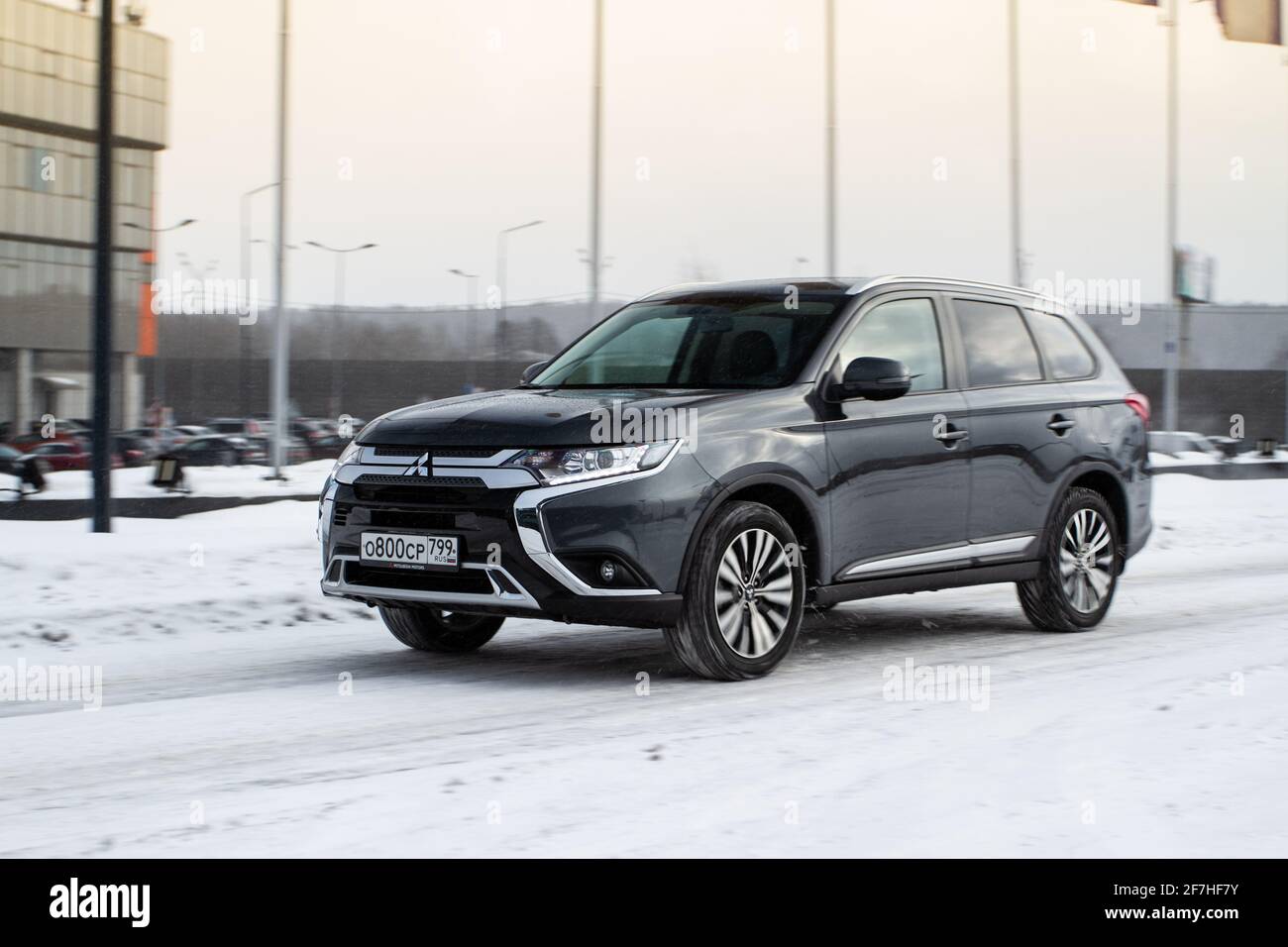 MOSCOW, RUSSIA - JANUARY 30, 2021 Mitsubishi Outlander in motion front ...