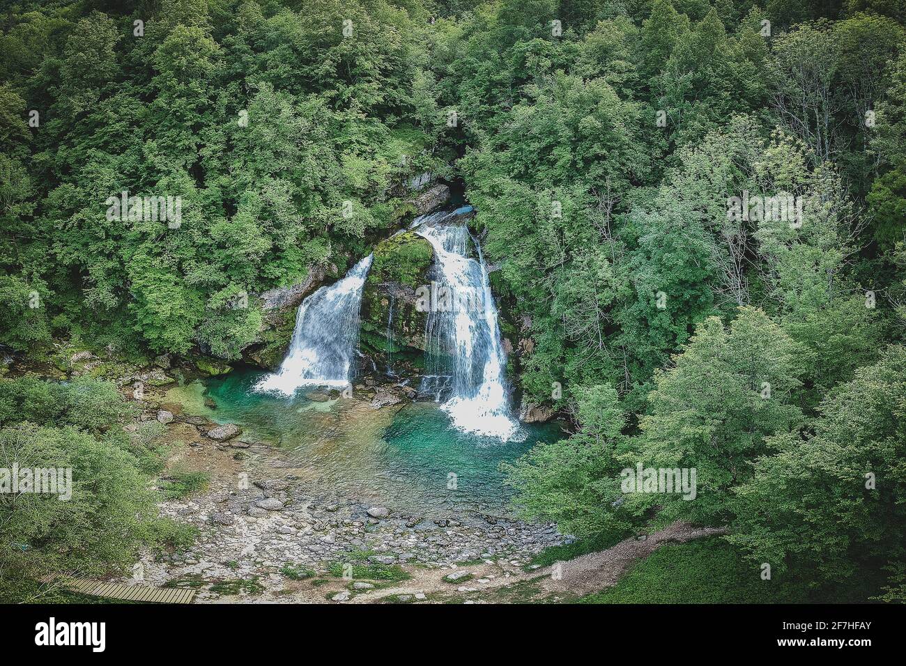 Aerial panorama of magical looking Virje waterfall in Slovenia, close ...