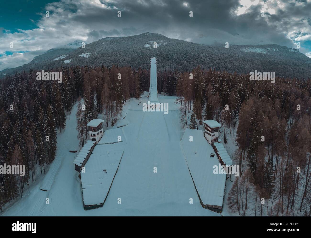 Panoramic drone view of old deserted or abandoned famous ski jumping ...
