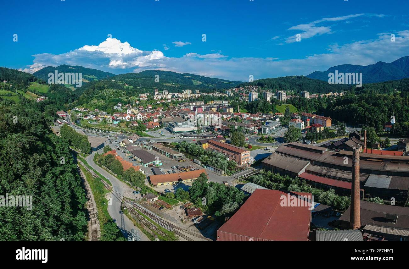 Aerial panorama of the city of Ravne na Koroskem, Slovenia. Visible ...