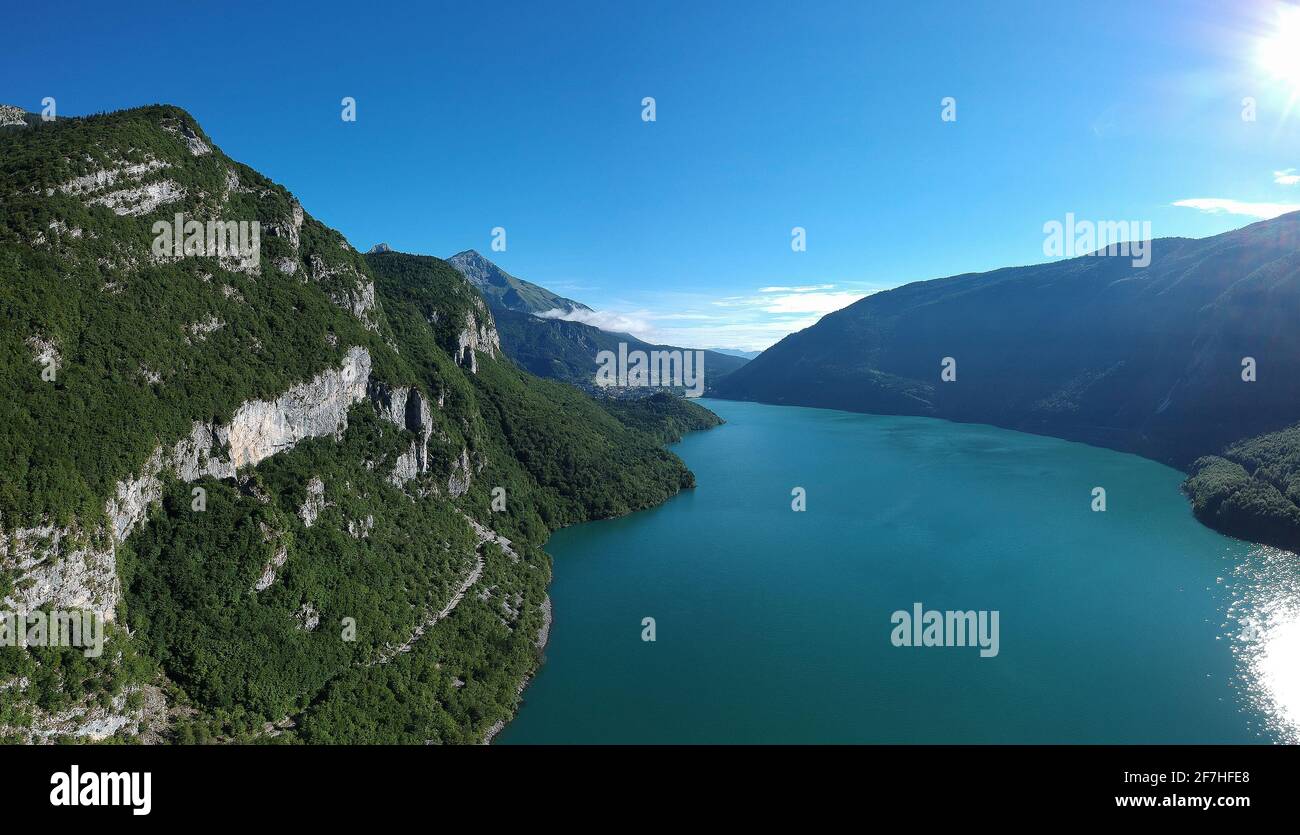 Morning aerial panorama of lake molveno, a beautiful lake in Trentino ...