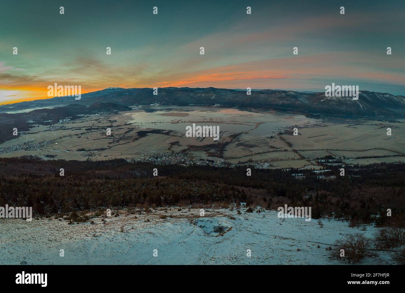 Early morning panorama of Cerknica lake viewed from above from Slivnica ...