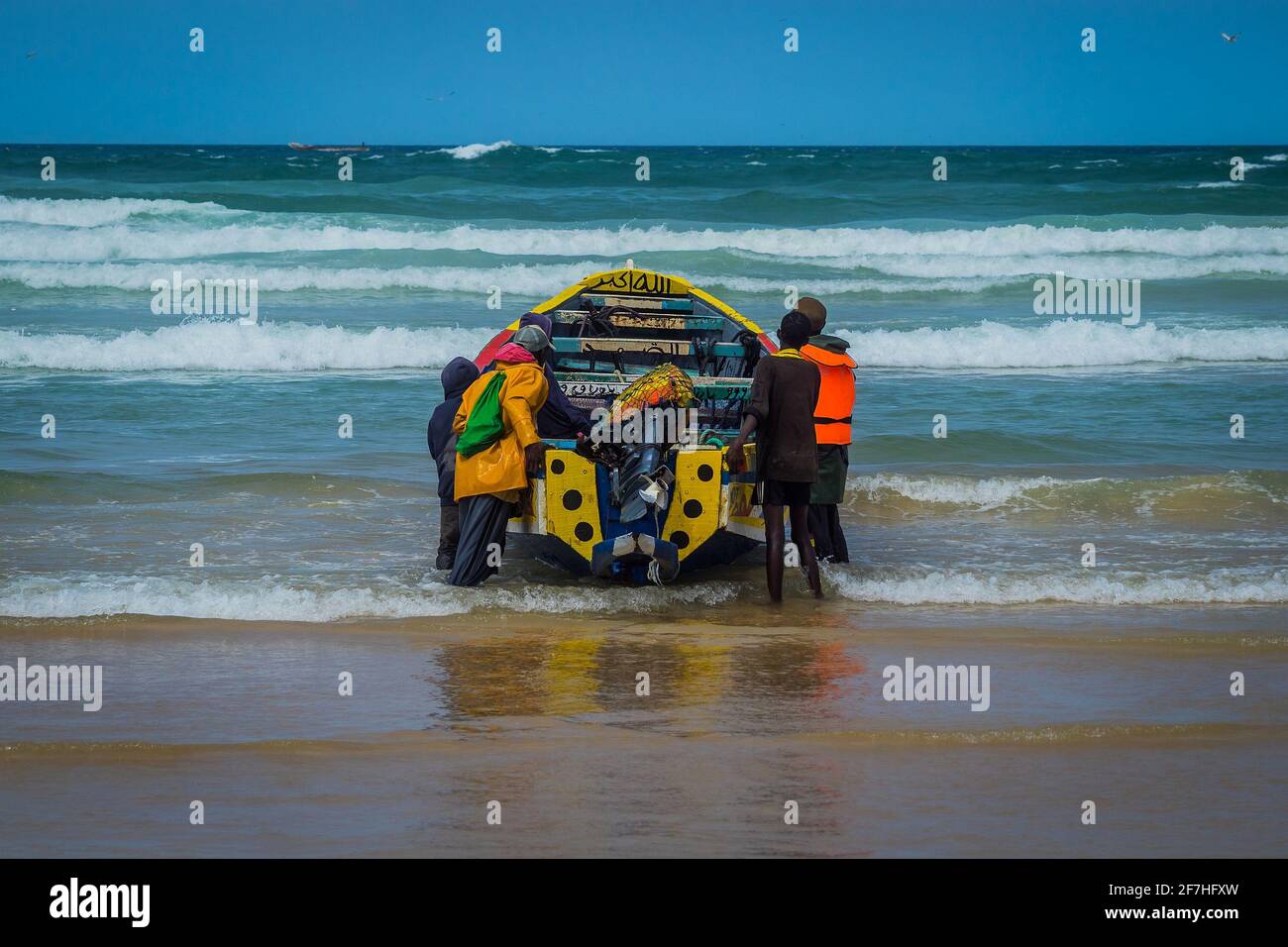 Typical fishing boats in Yoff Dakar, Senegal, called pirogue or piragua ...