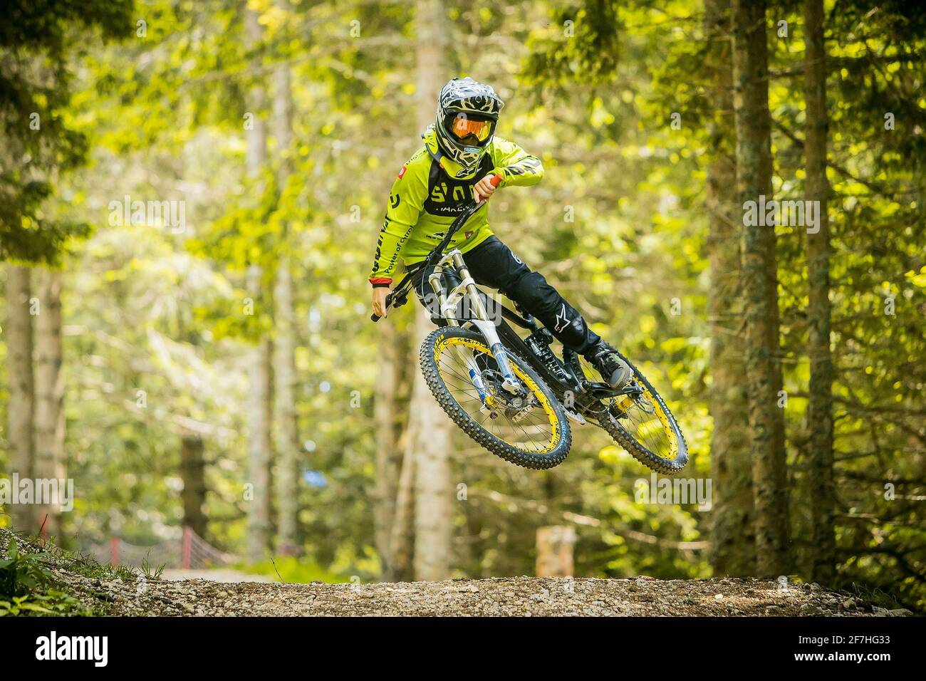 Trees Forest Jump Mountain A Man Riding A Bike Through A Forest Filled