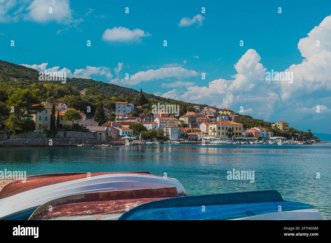 Poscard panorama of adriatic coastal city of Valun on Croatian island ...