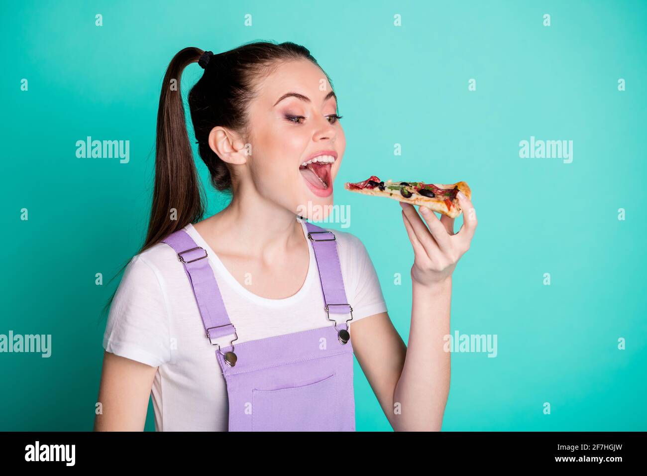 Side Profile Photo Portrait Of Hungry Girl With Tails Want To Eat Pizza