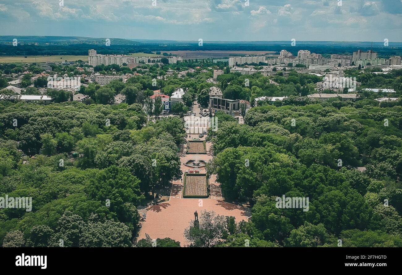 Aerial panorama of Tiraspol, viewed from the Pobeda park, with the long ...
