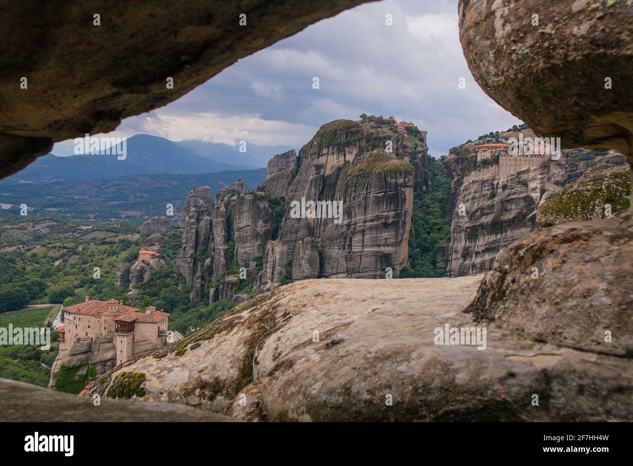 Between the stones view of Meteora Monastery. Beautiful scenic ...