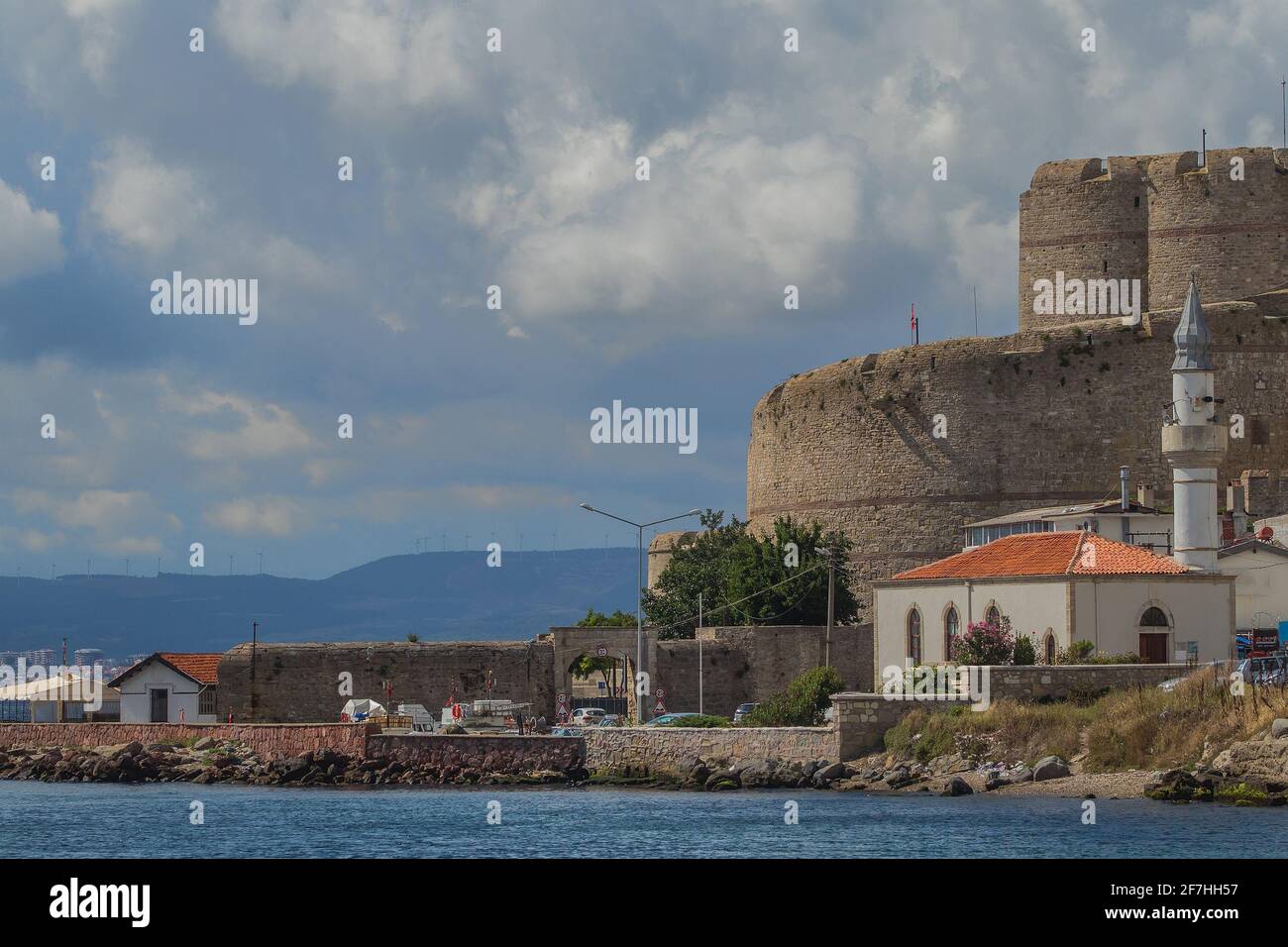 Panorama of coastal village of Eceabat, its fortress and mosque, viewed ...