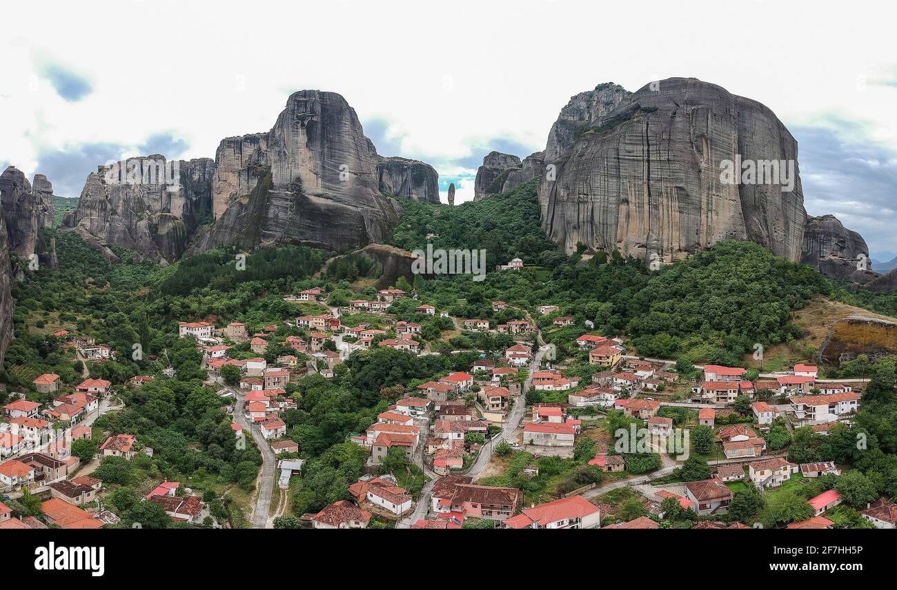 Panorama of Meteora Monastery above the village. Beautiful scenic ...