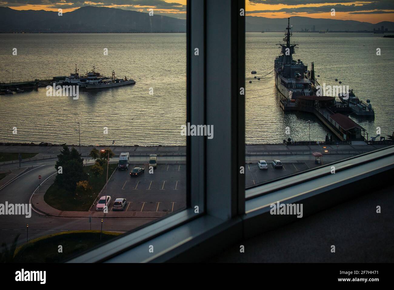 Early morning panorama of a F 256 war ship, moored as a floating museum ...