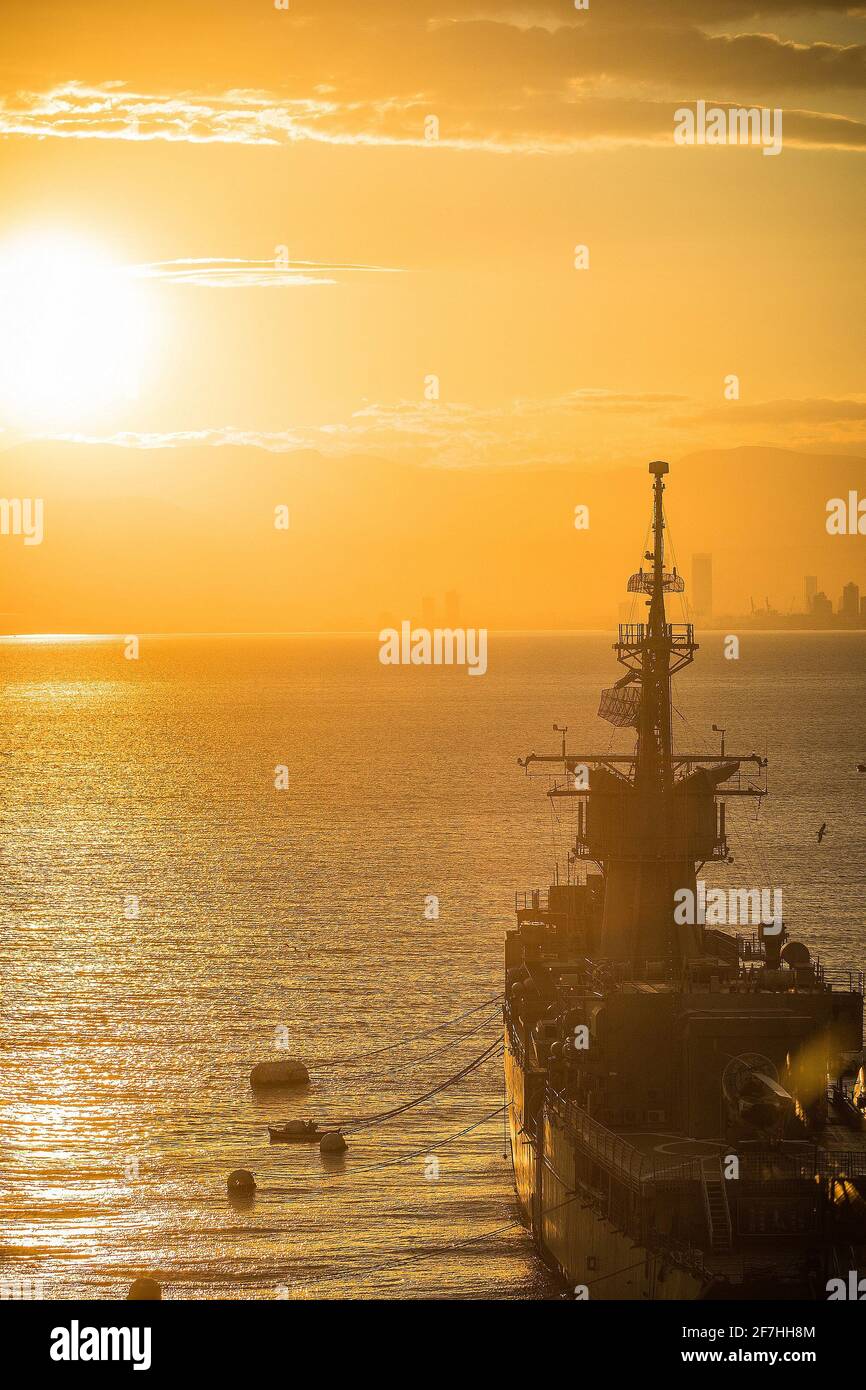 Early morning panorama of a F 256 war ship, moored as a floating museum ...