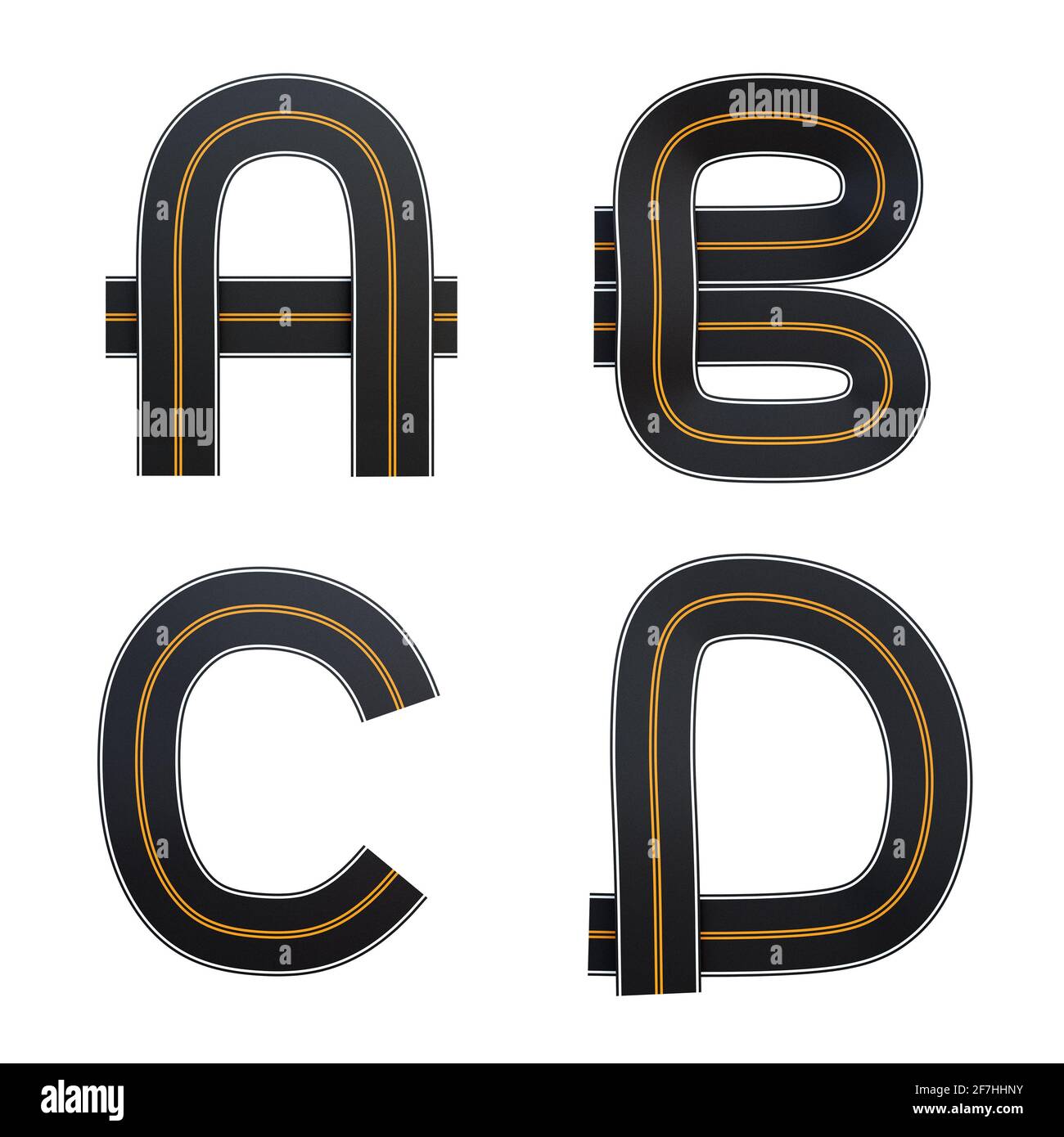 3D rendering of asphalt roads alphabet - letters A-D Stock Photo - Alamy