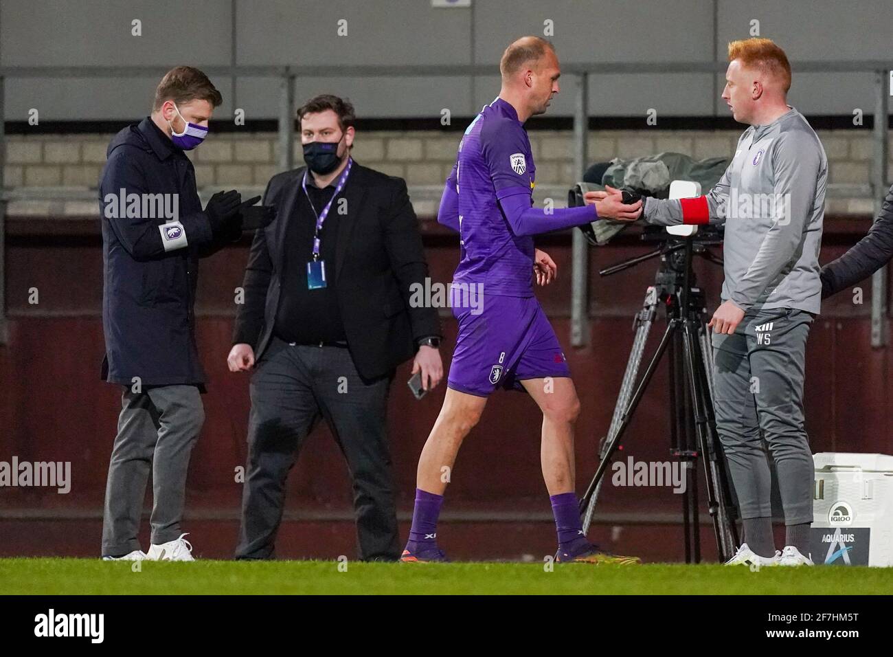 ANTWERPEN, BELGIUM - APRIL 7: Rapha Holzhauser of KFCO Beerschot-Wilrijk and coach Will Still of ...