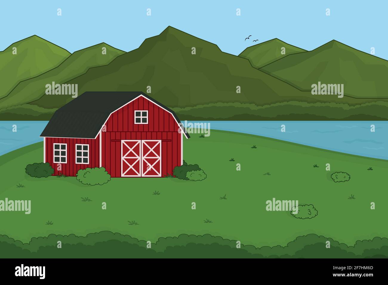 Vector outline cartoon summer spring landscape countryside scene with ...