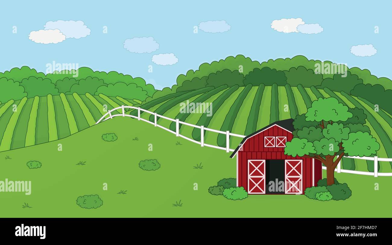 Summer or spring farm doodle concept in countryside. Cartoon vector ...