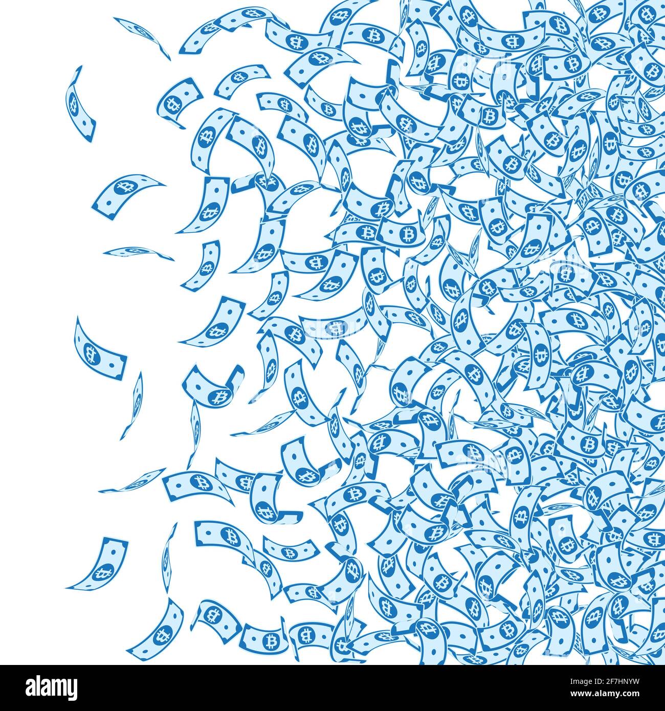 Bitcoin, internet currency notes falling. Small BTC bills on white ...