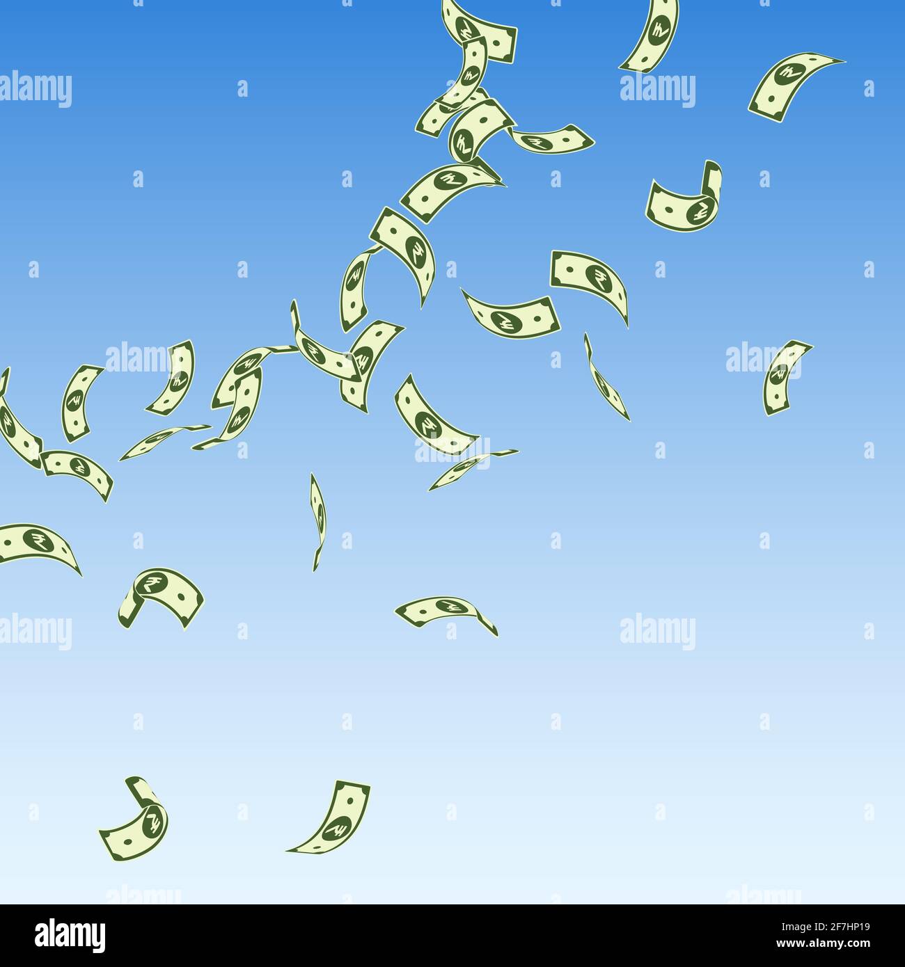 Indian rupee notes falling. Sparse INR bills on blue sky background ...