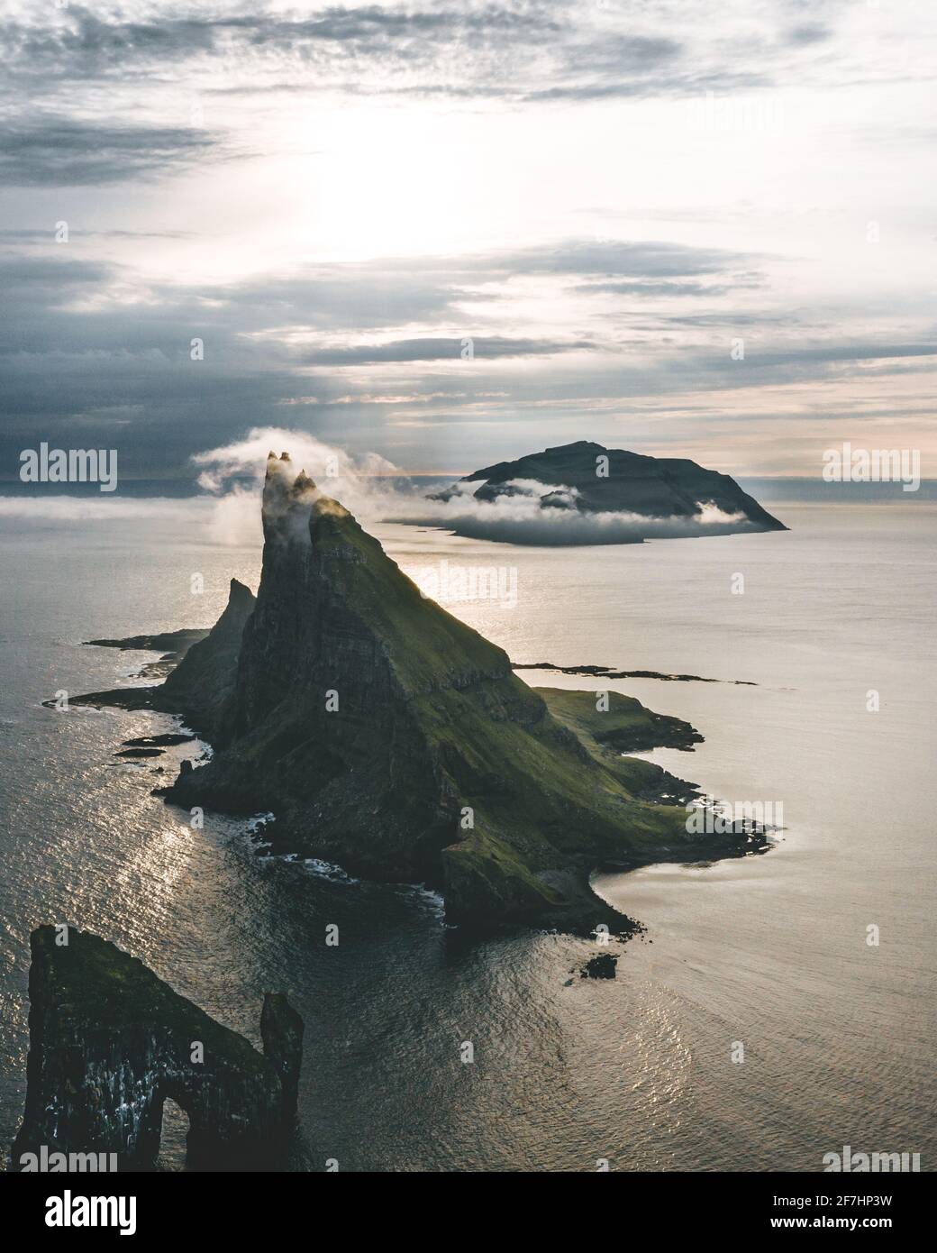 Drangarnir and Tindholmur on Faroe Islands Vagar, aerial drone view ...