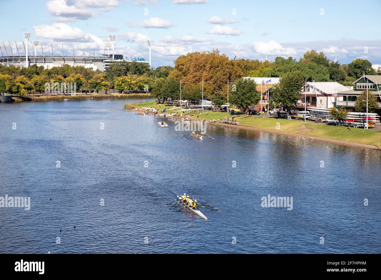 Yarra river Melbourne and rowing boats from the row club,Melbourne city ...