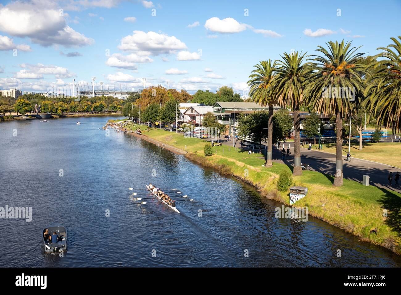 Yarra river Melbourne and rowing boats from the row club,Melbourne city ...