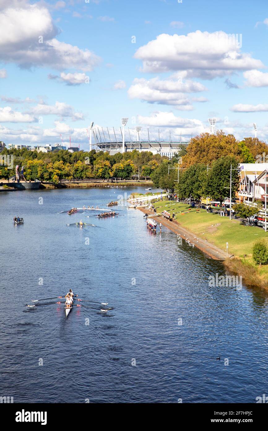 Yarra river Melbourne and rowing boats from the row club,Melbourne city ...