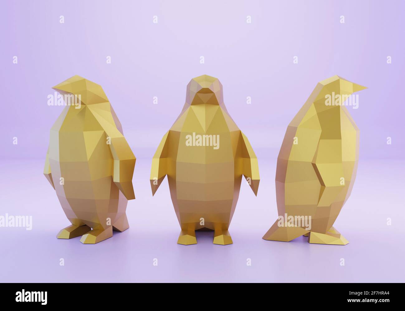 Paper sculpture of a polygonal Golden Penguins, folded paper animal ...