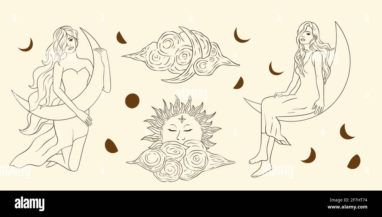 Astrology woman celestial sacred boho lady line art. Esoteric linear ...