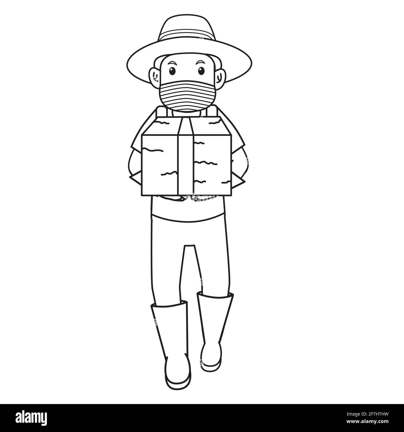 man carrying straw, active in farm using healthy mask.character ...