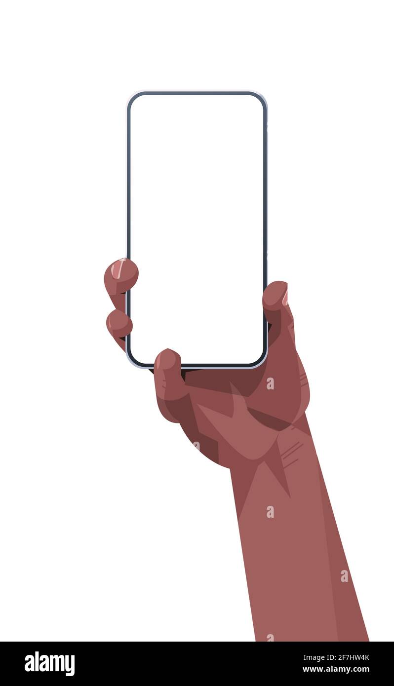african american human hand holding smartphone with blank touch screen ...