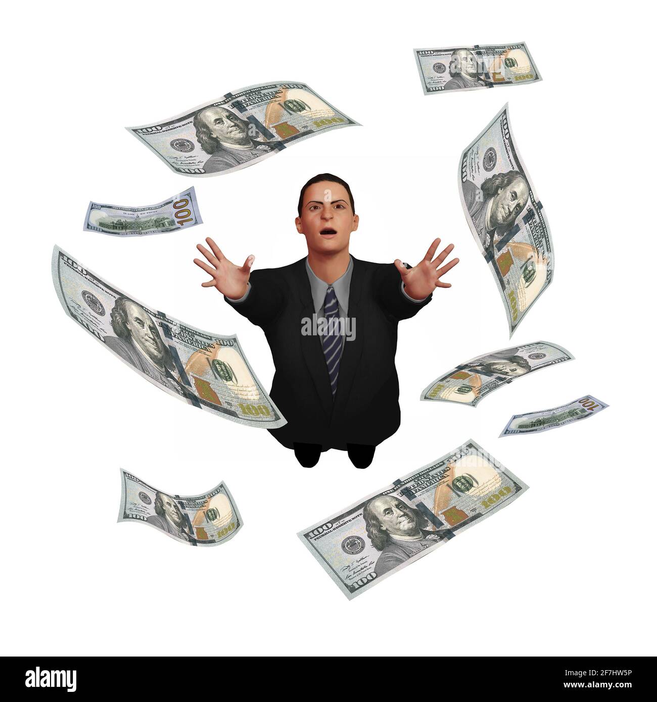 A man in a business suit grasps for hundred dollar bills that swirl ...