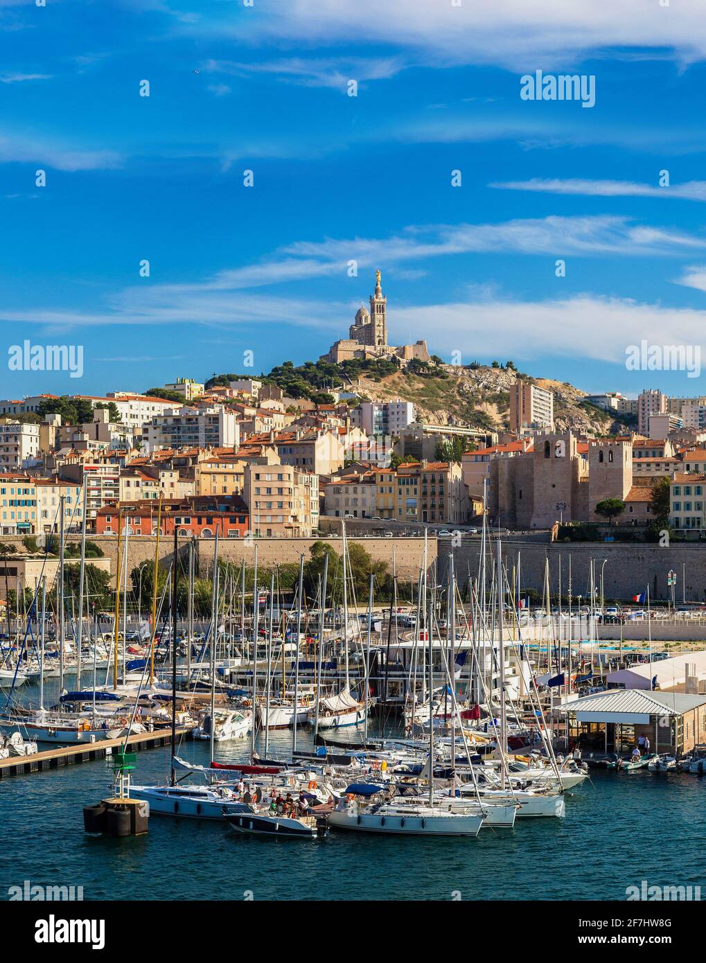 Aerial panoramic view on basilica of Notre Dame de la Garde and old ...