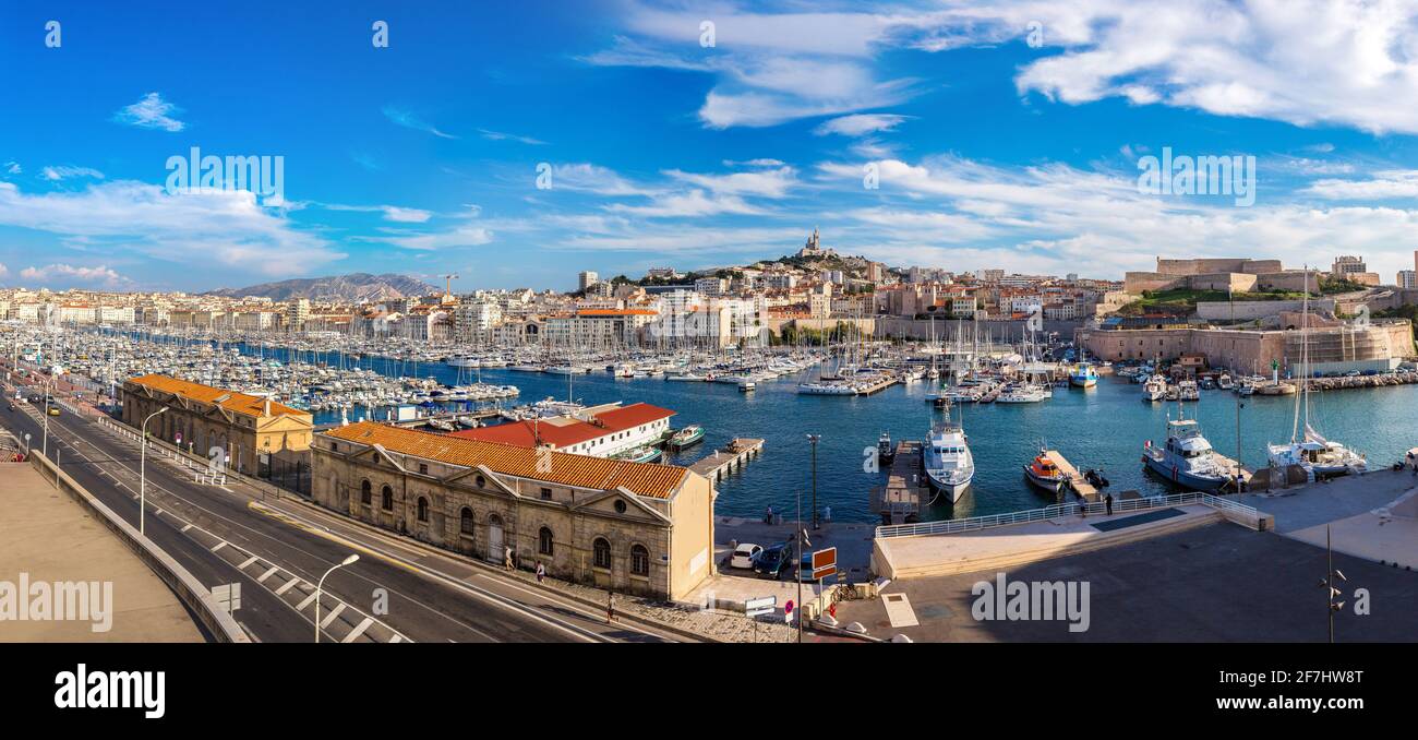 Aerial panoramic view on basilica of Notre Dame de la Garde and old ...