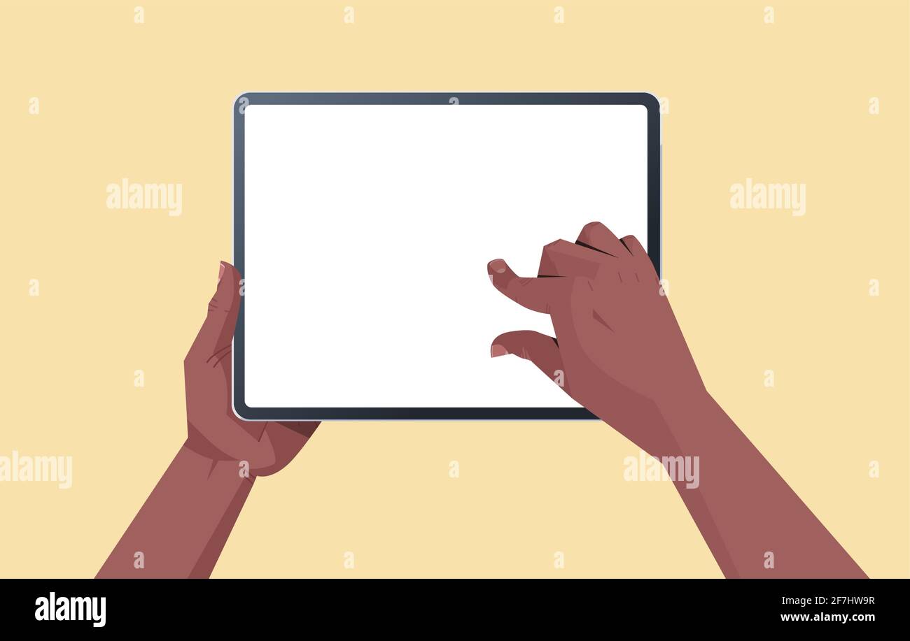 african american human hands holding tablet pc with blank touch screen ...