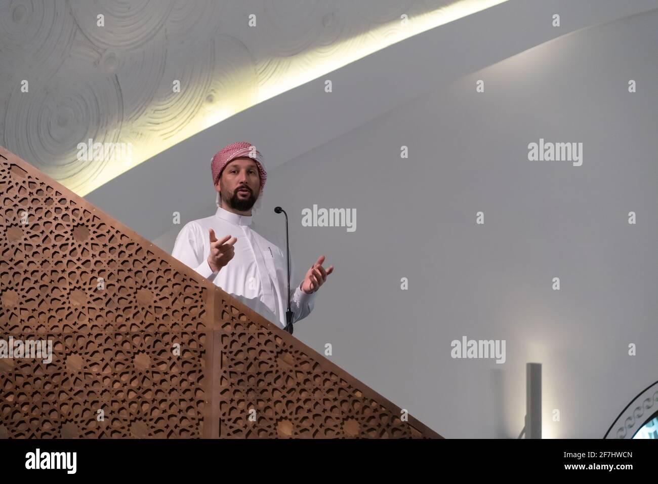 Muslims young arabic Imam has a speech on friday afternoon prayer in ...