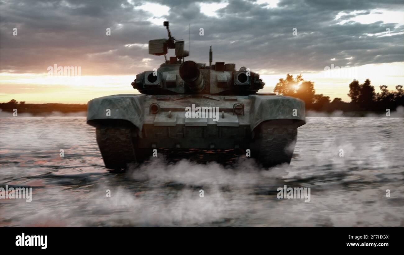 Heavy military tank in the field of battle. War concept, 3d ...