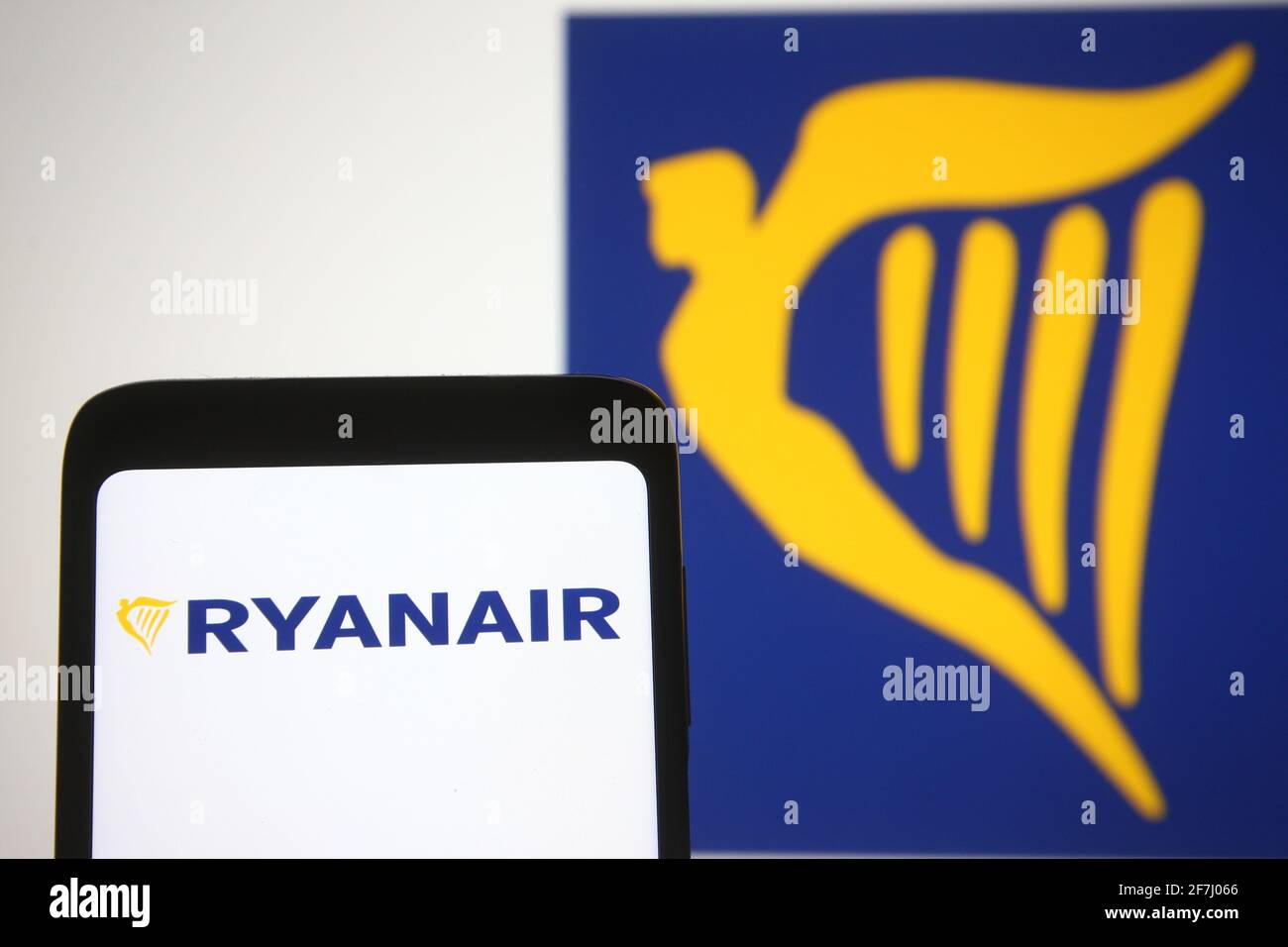 In this photo illustration the Ryanair logo is seen on a smartphone and ...
