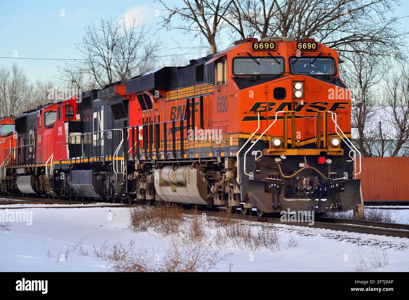 Elgin, Illinois, USA. A Canadian National Railway locomotive led by an ...