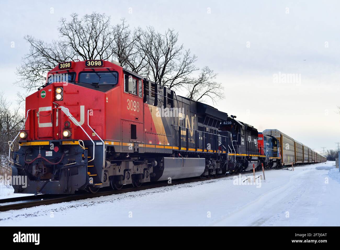 Bartlett, Illinois, USA. Three Canadian National Railway locomotives ...